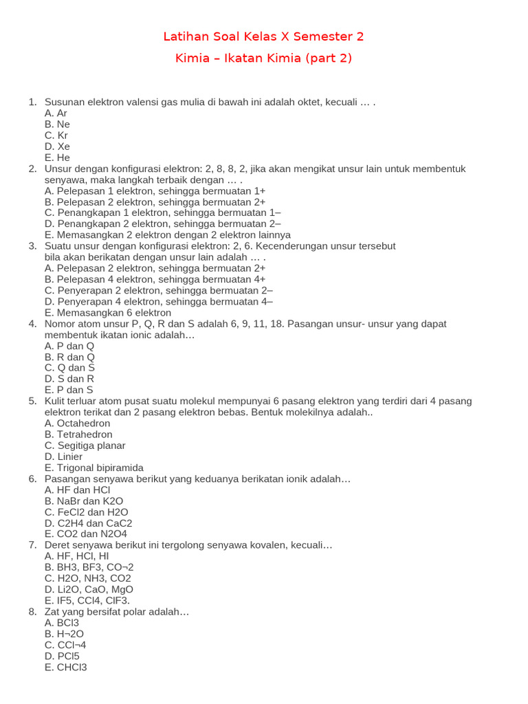 Latihan Soal Kelas X Semester 2 - Ikatan Kimia (Part 2) | PDF