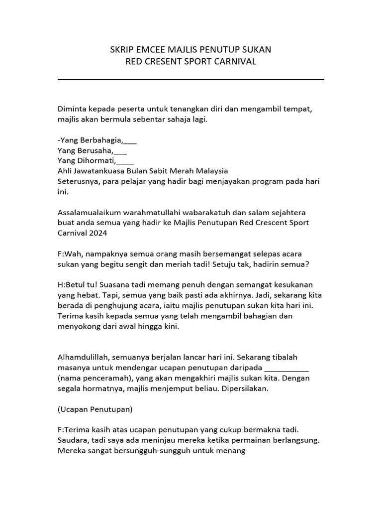 Skrip Emcee Majlis Penutup Sukan | PDF