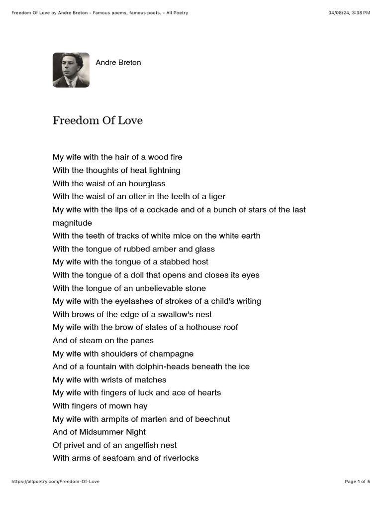 Freedom of Love by Andre Breton - Famous Poems, Famous Poets. - All ...