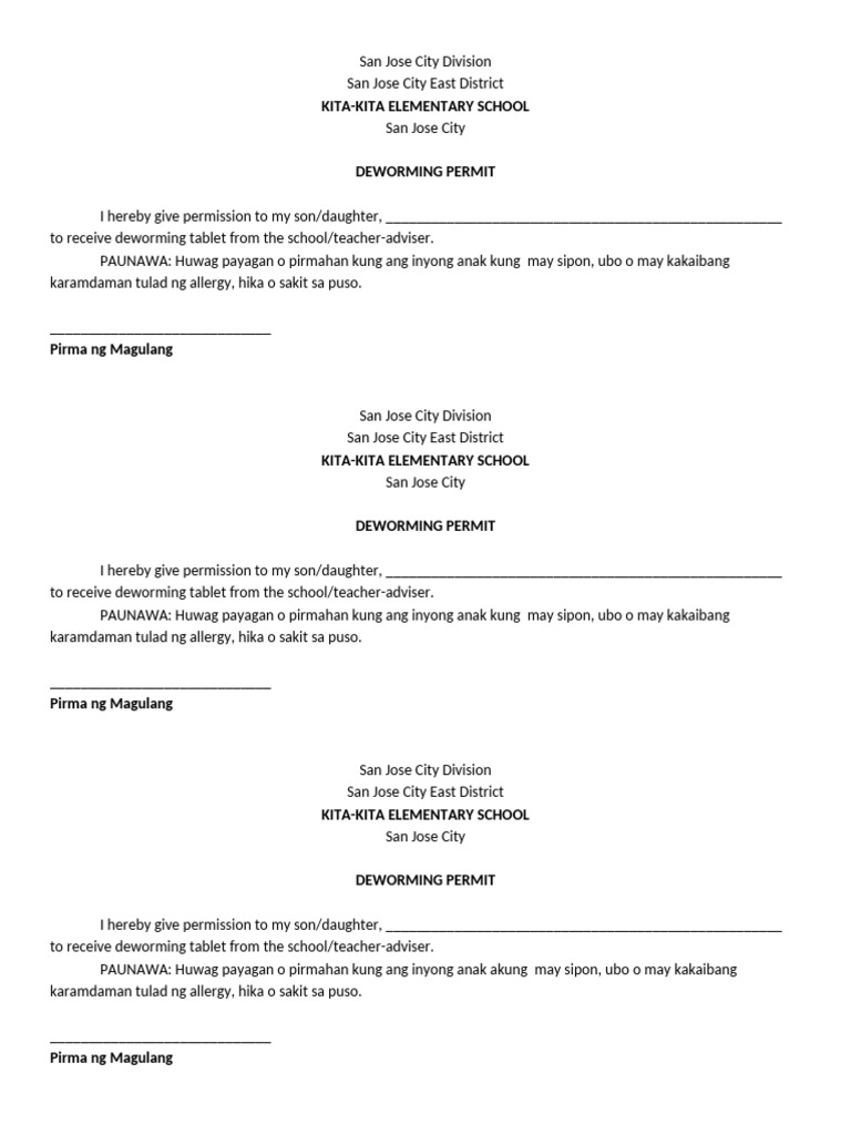 Deworming Permit for Students | PDF | Self-Improvement | Wellness