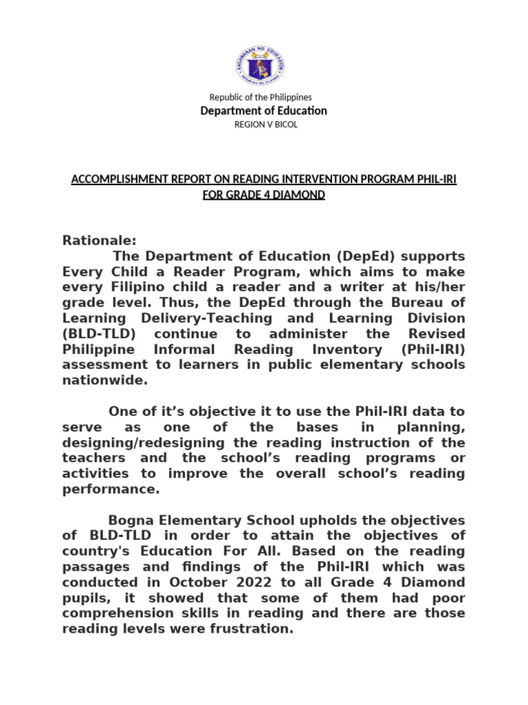 ACCOMPLISHMENT REPORT ON READING INTERVENTION 4diamond | PDF | Reading ...