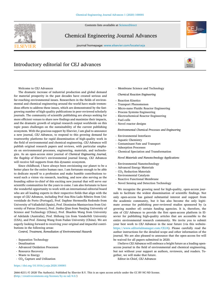 Introductory Editorial For CEJ Advan - 2020 - Chemical Engineering ...