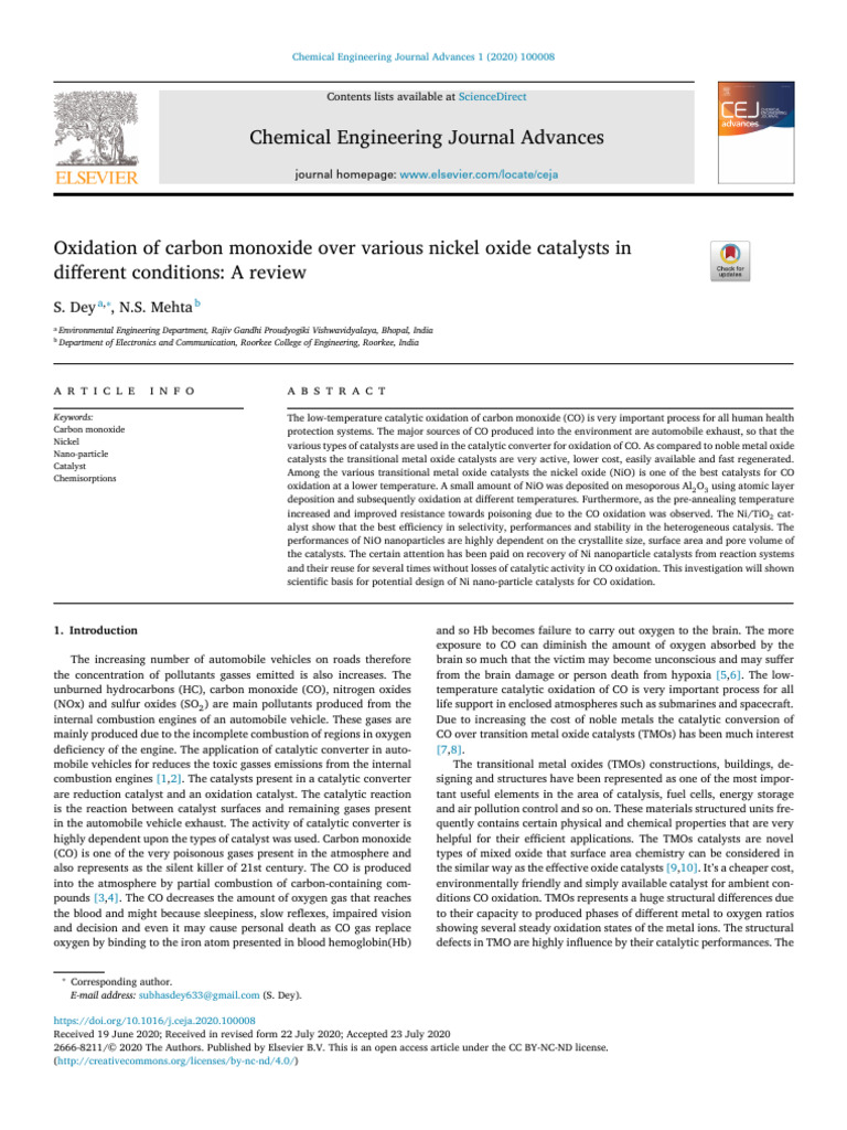 Oxidation of Carbon Monoxide Over Various Nickel Ox - 2020 - Chemical ...