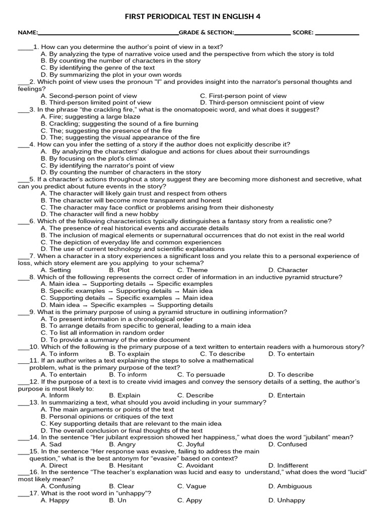 First Periodical Test in English 4 - Tipid Version | PDF | Narration ...