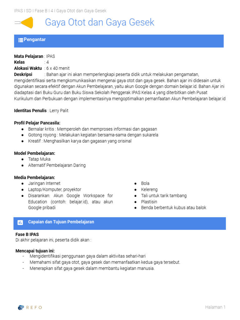 Materi IPAS Kelas IV Bahan Ajar 4 Gaya Otot Dan Gaya Gesek | PDF