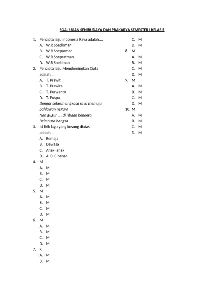 SOAL UJIAN SBDP KELS 5 | PDF