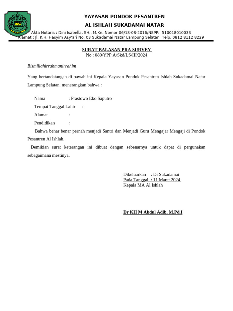 SURAT BALASAN PRA SURVEY Anggi | PDF