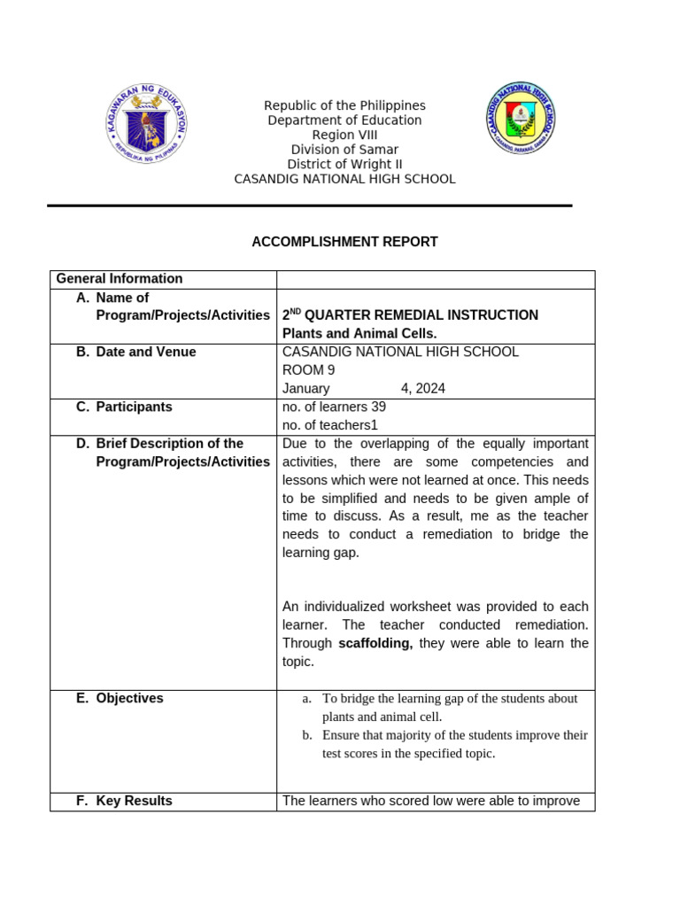 Remedial Instruction Accomplishment Report | PDF | Learning | Pedagogy
