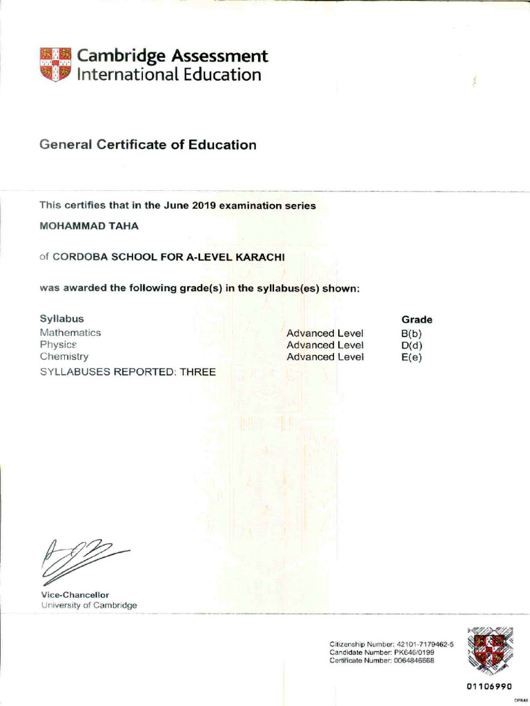 Mohammad Taha Alevel GeneralCertificates | PDF