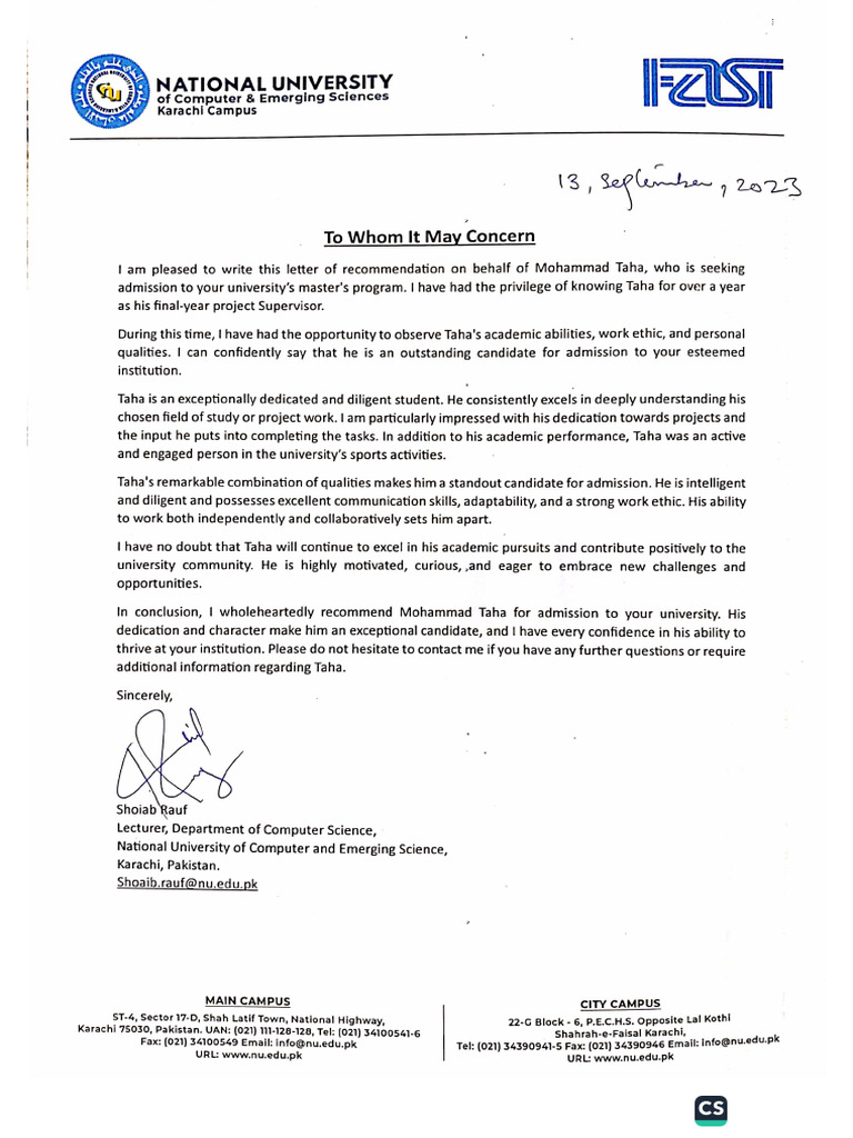 Mohammad Taha Letter of Recommendation 2 | PDF
