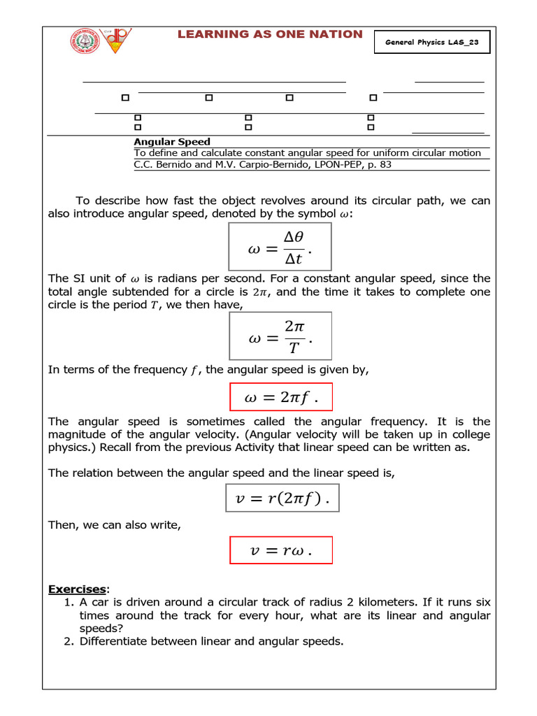 Gen Physics 1 LAS 23 Angular Speed | PDF