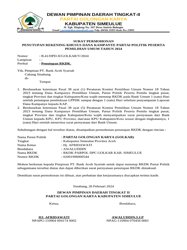 Surat Permohonan Penutupan RKDK | PDF