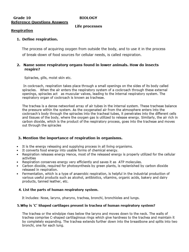 Grade 10 BIOLOGY Life processes Respiration Ref Notes | PDF