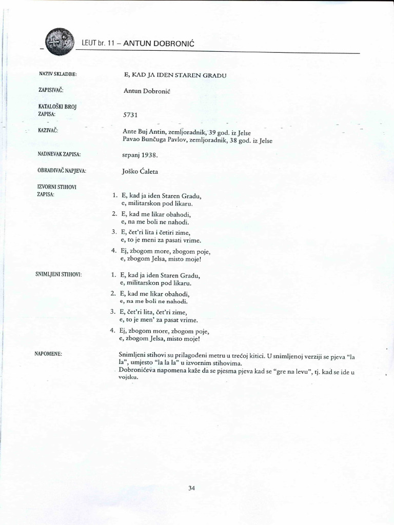 E Kad Ja Iden Staren Gradu - Note Za Klapu | PDF