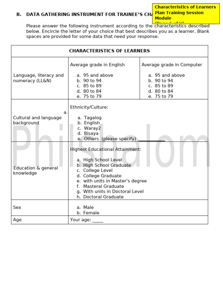 Data Gathering Instrument Sample | PDF