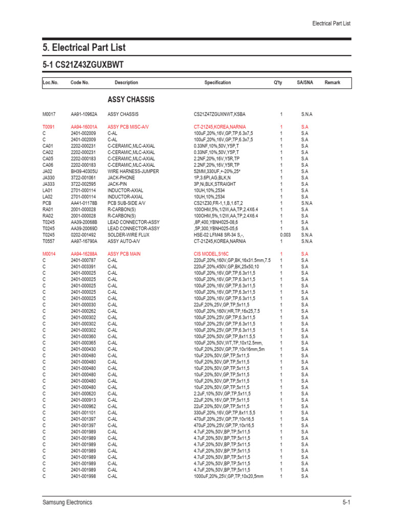 Electrical Part List | PDF
