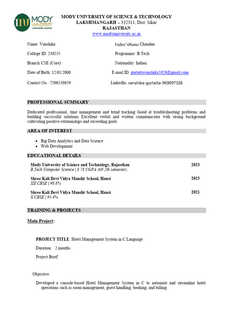 Resume Vanshika | PDF