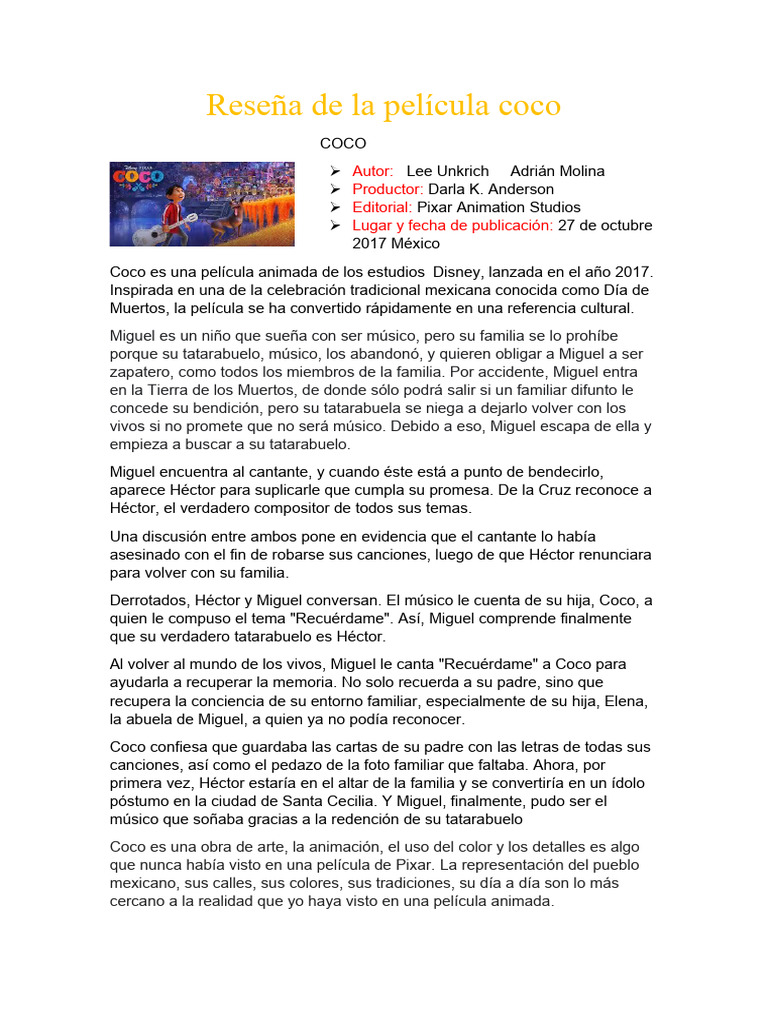 Resea de La Pelicula Coco 2 PDF Free | PDF