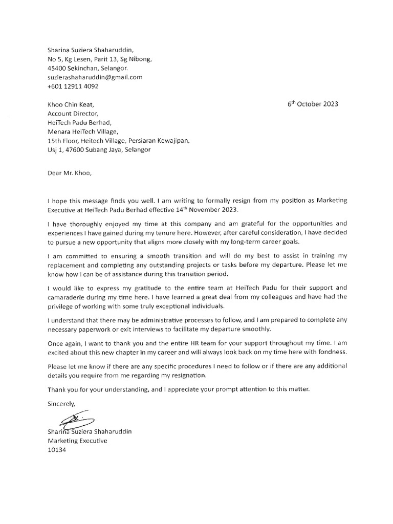 Resignation Letter (Sharina Suziera Shaharuddin) | PDF