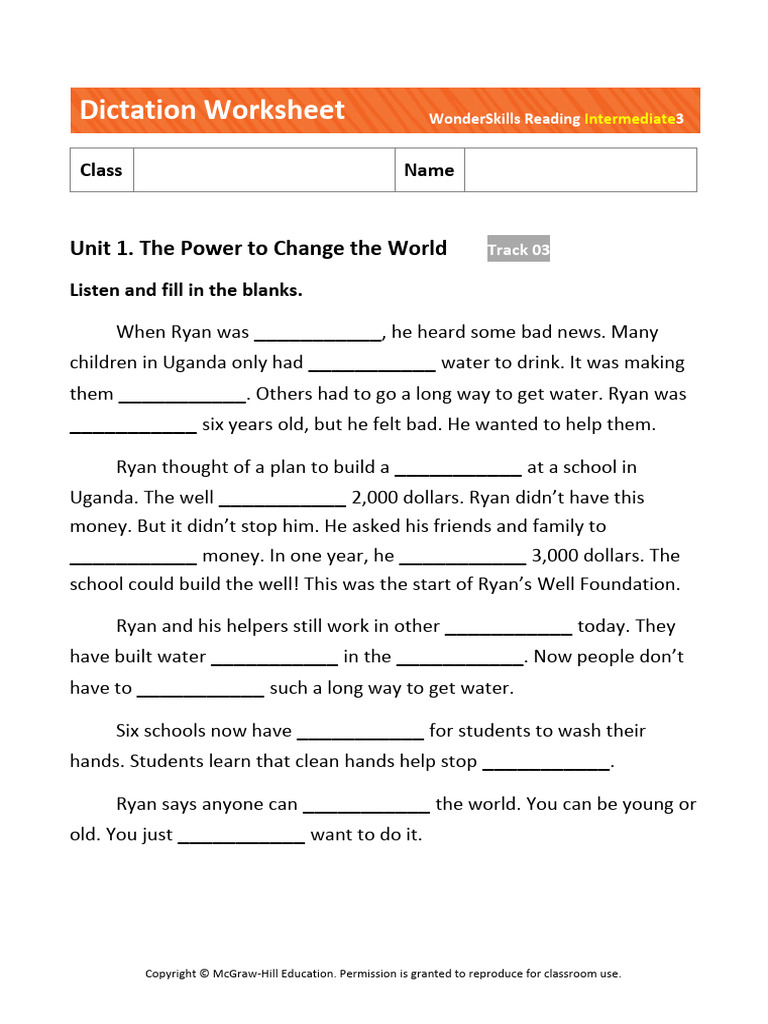 Intermediate 3 Dictation Worksheet | PDF