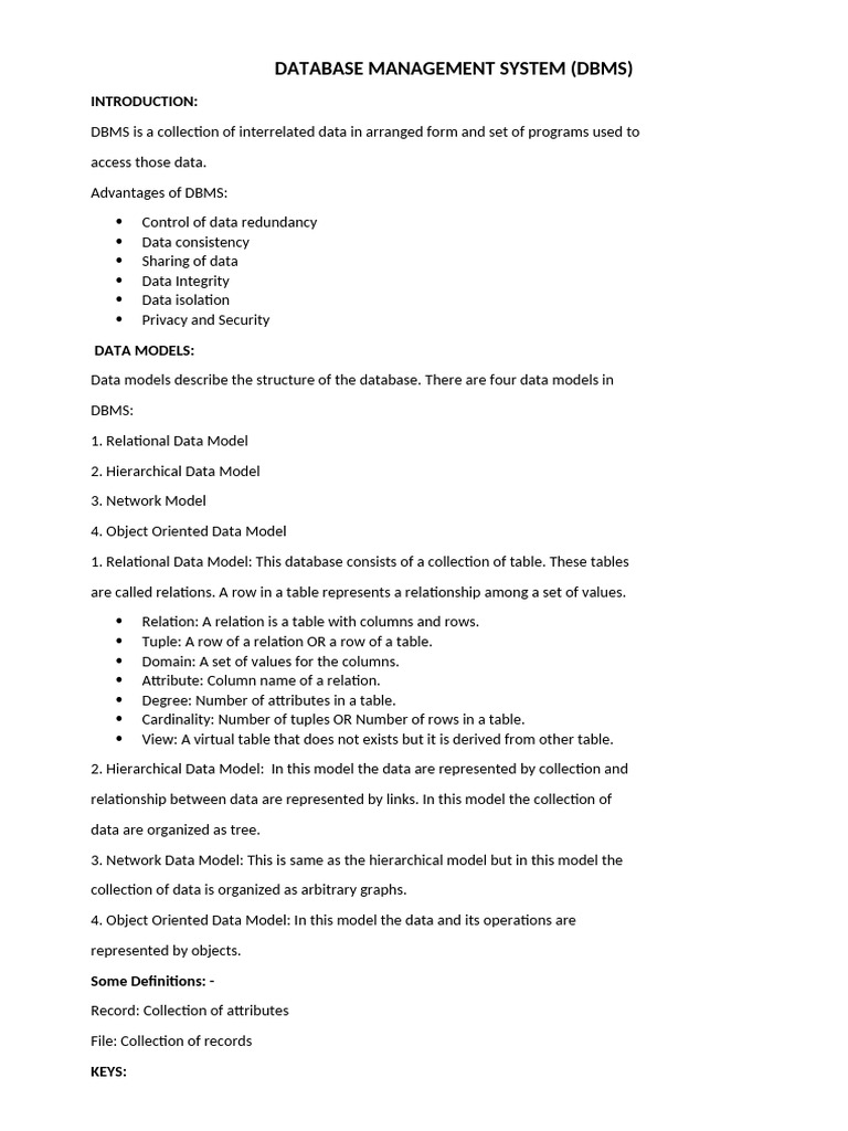 Class - XII - Notes - DATABASE MANAGEMENT SYSTEM | PDF
