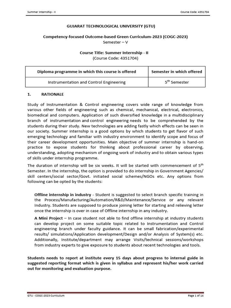 Summer Internship - II Course Code: 4351704 | PDF