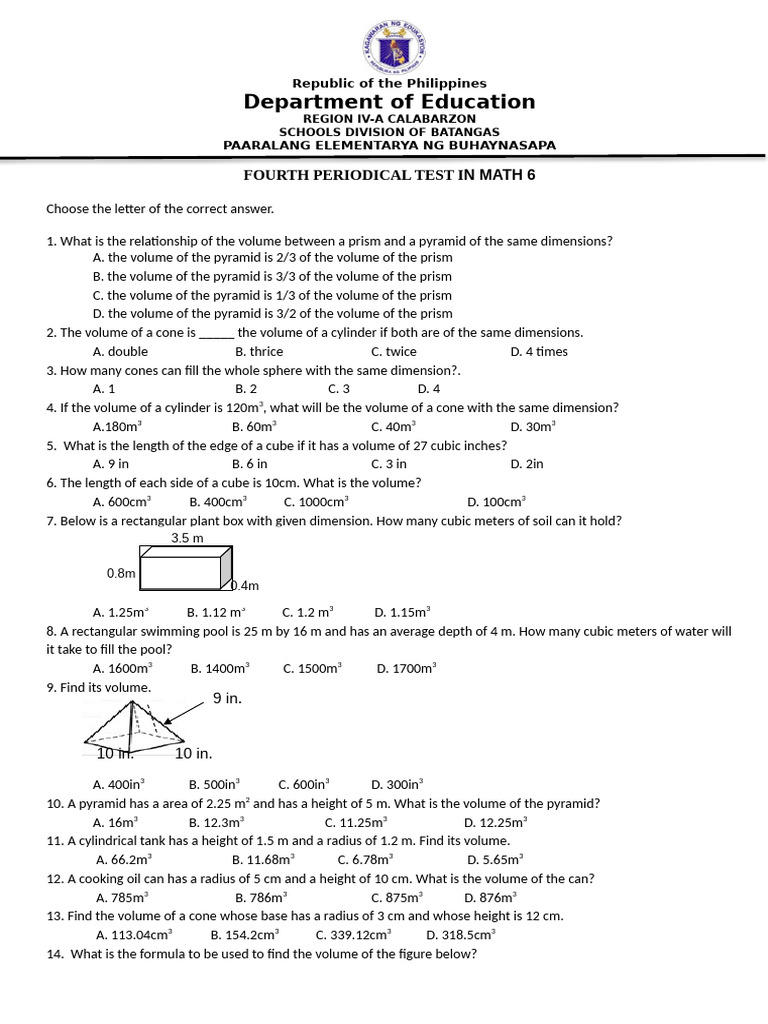 Grade 6 Math Periodical Test | PDF | Volume | Chord (Music)