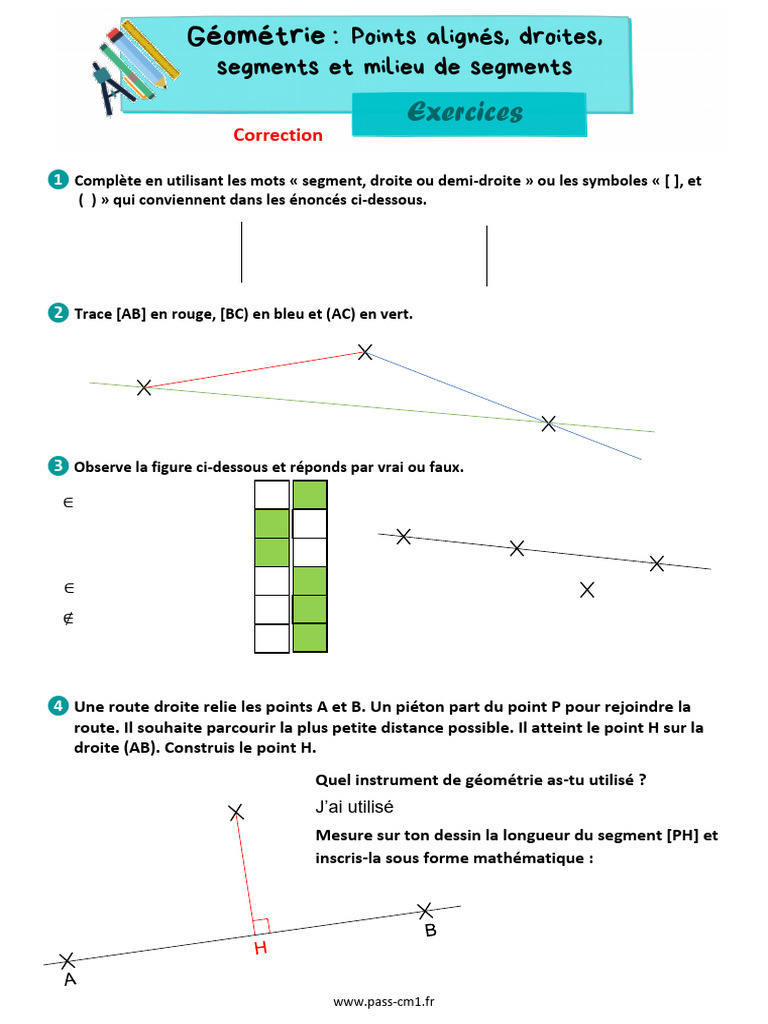 Pecm1 Exercices Correction Cm1 Points Alignés Droites Segments Et ...