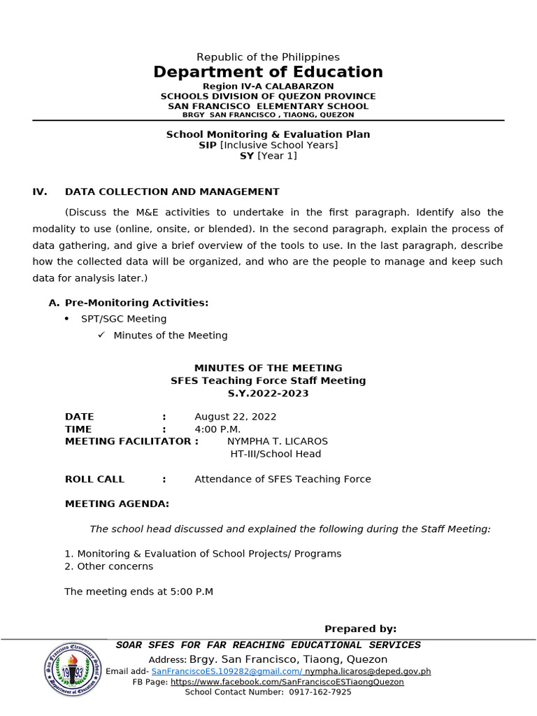 School Monitoring and Evaluation Plan PART IV | PDF