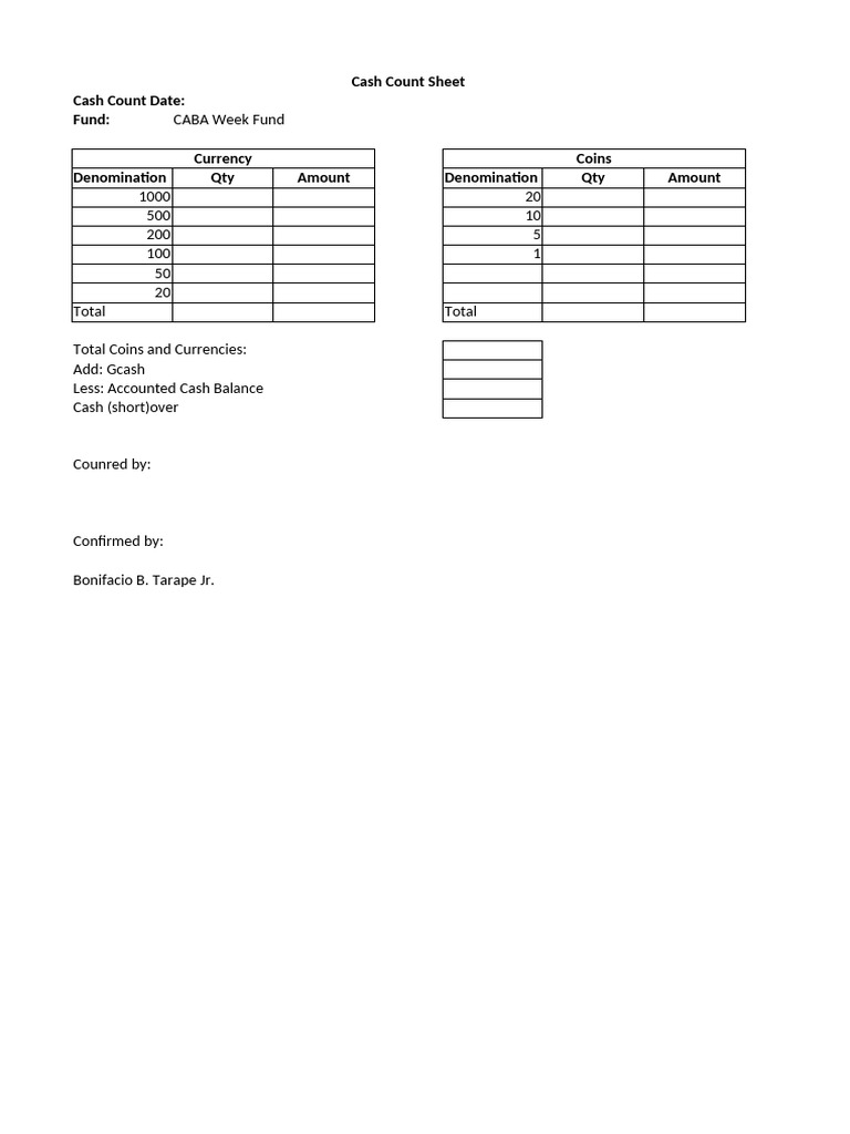 Cash Count Sheet | PDF