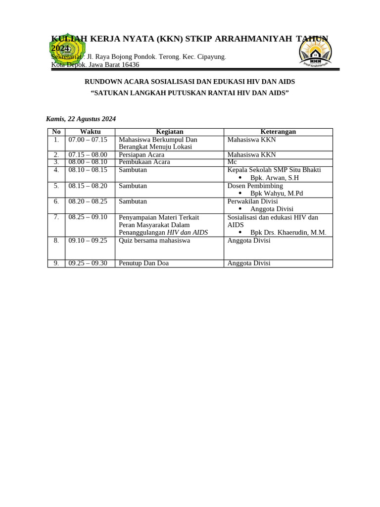 RUNDOWN ACARA Sosialisasi Dan Edukasi HIV Dan AIDS | PDF