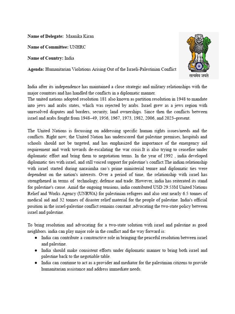 Position Paper of India (UNHRC) Israel-Palestine Conflict | PDF