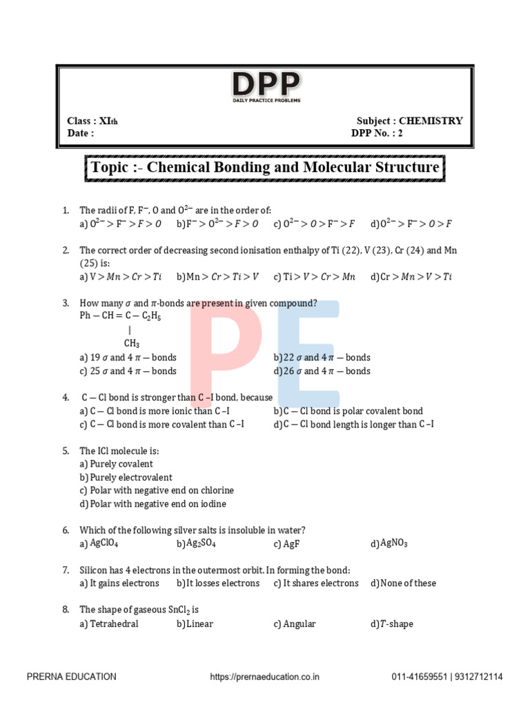 Chemical Bonding and Molecular Structure DPP 2 Min | PDF