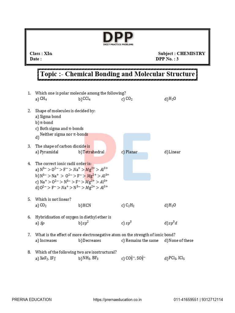 Chemical Bonding and Molecular Structure DPP 3 Min | PDF