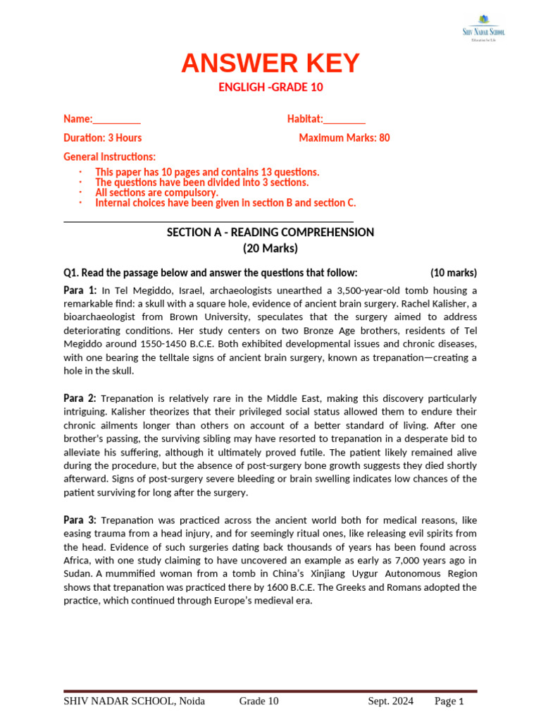 Grade 10 Sample Paper-Answer Key | PDF