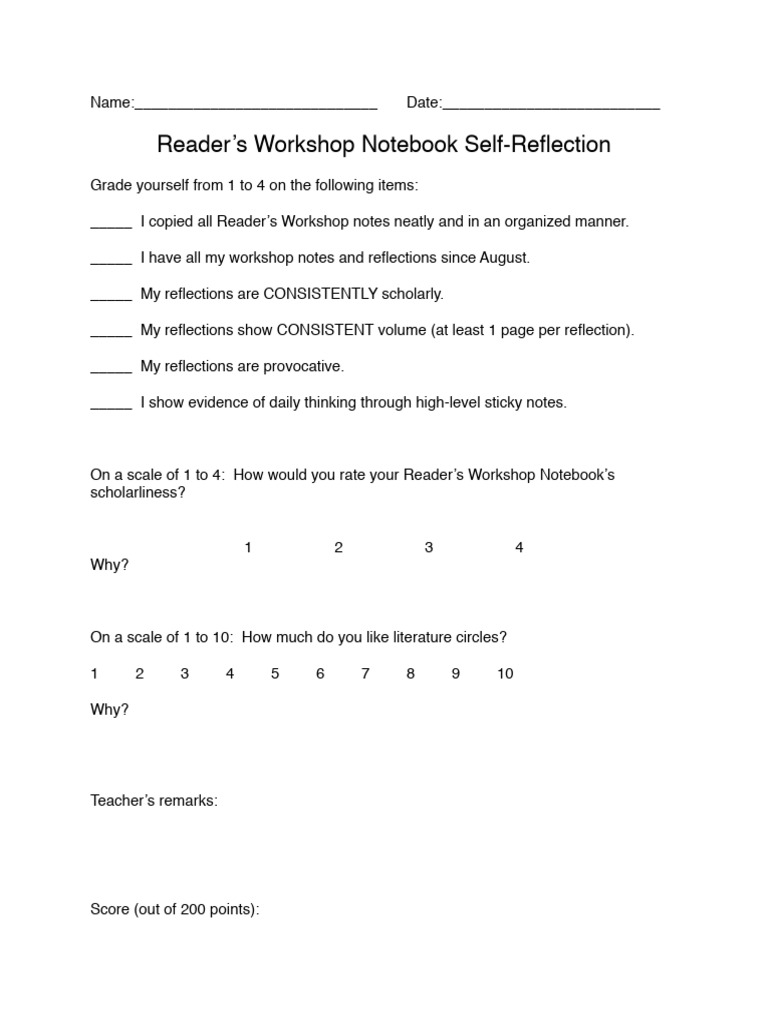 Readers Workshop Notebook Self Reflection | PDF