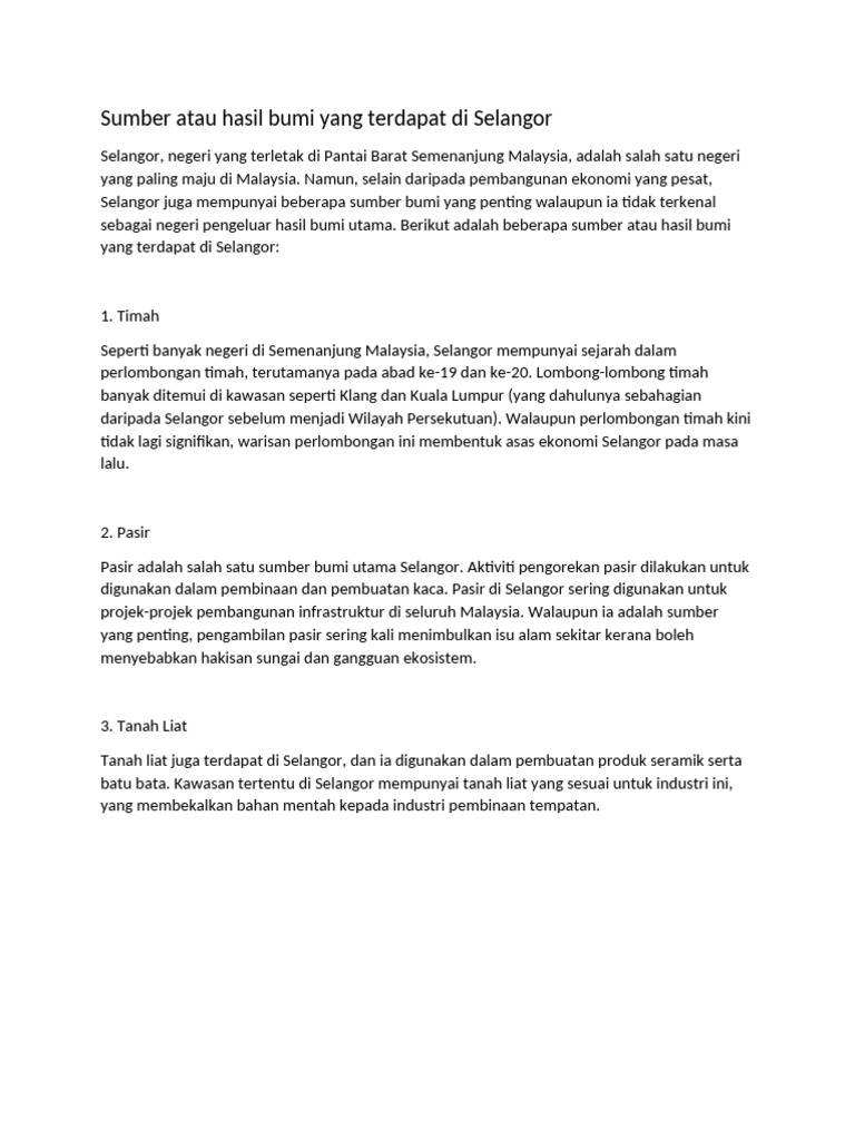 Sumber Atau Hasil Bumi Yang Terdapat Di Selangor | PDF