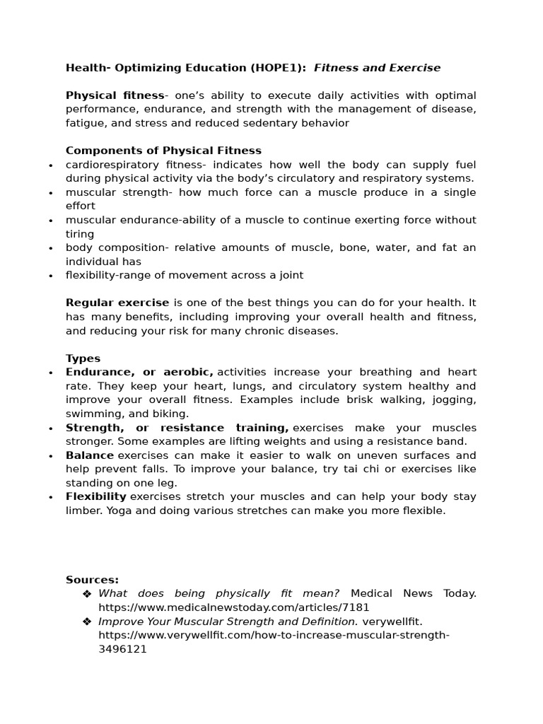 HOPE1 - Fitness and Exercise | PDF
