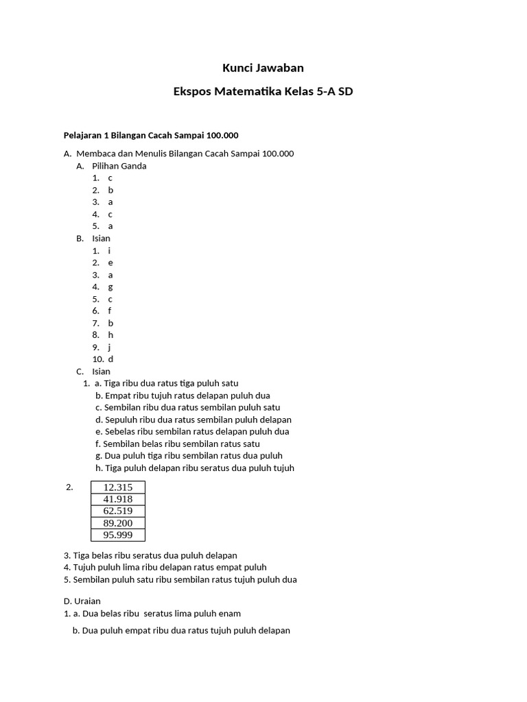 Kunci Ekspos - Matematika 5-A - SD | PDF