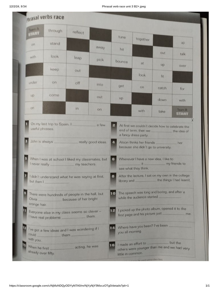 Phrasal Verb Race Unit 3 B2+.jpeg | PDF