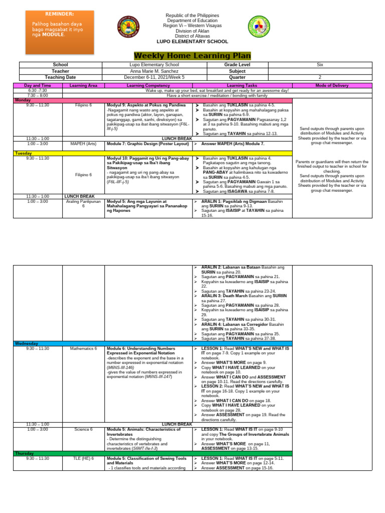 Q2W5 Weekly Home Learning Plan | PDF