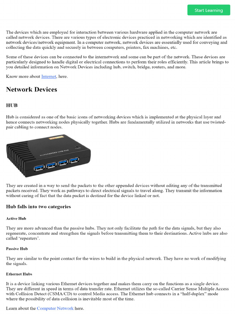 Types of Computer Network Devices - Switches, Router, Bridges, Hub | PDF