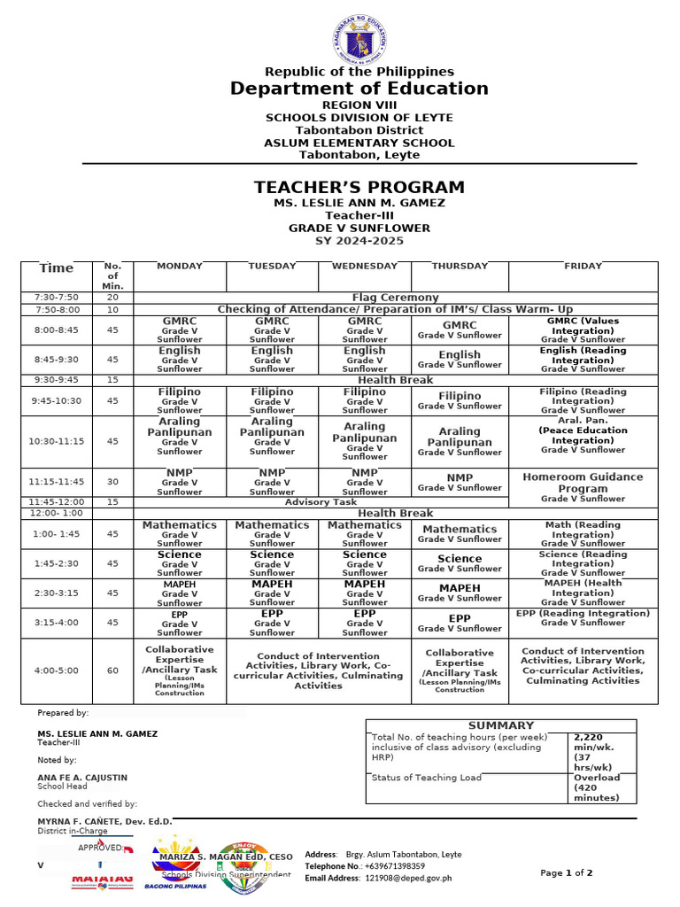 Grade V Teacher's Program 2024-2025 | PDF