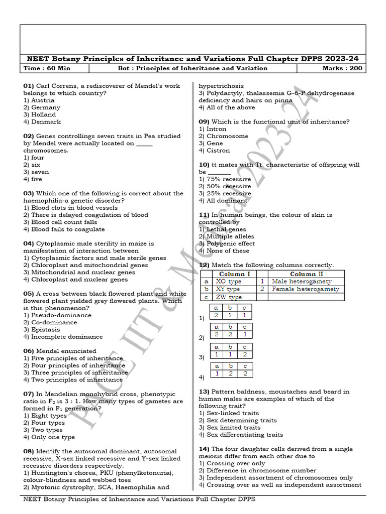 NEET Botany Principles of Inheritance and Variations Full Chapter DPPS Paper | PDF
