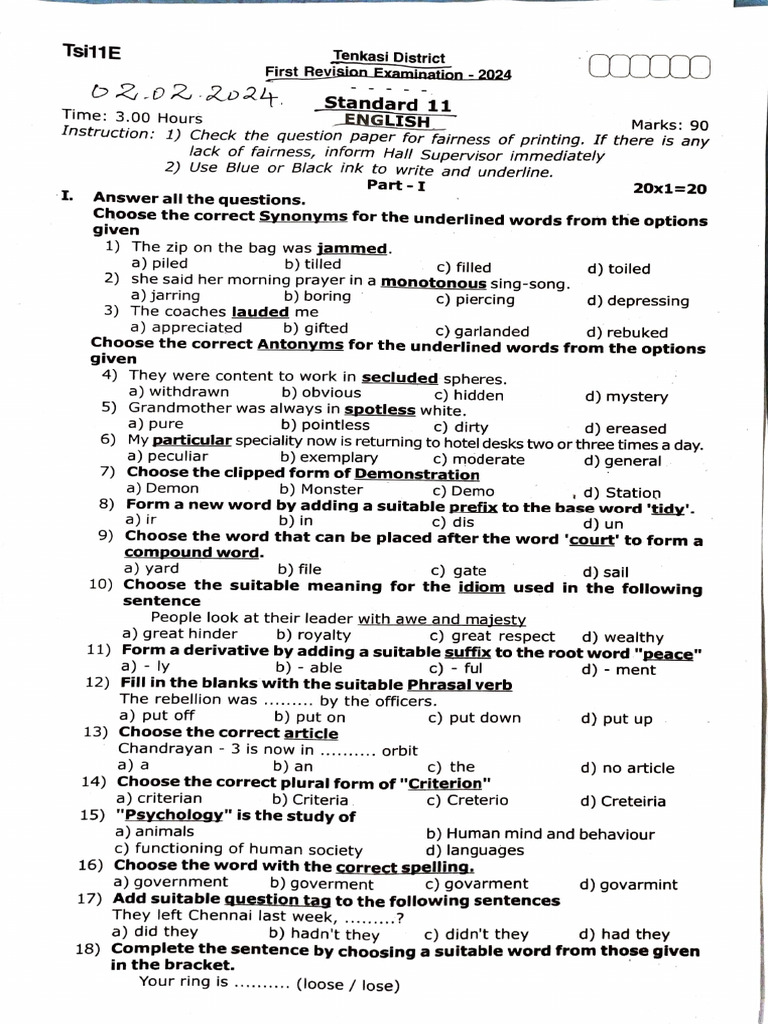 11th English EM 1st Revision Exam 2024 Question Paper Thenkasi District English Medium PDF ...