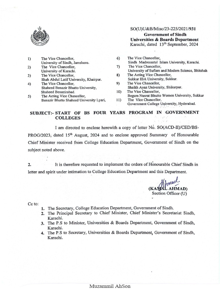 BS Program in Govt. Colleges 2024 | PDF