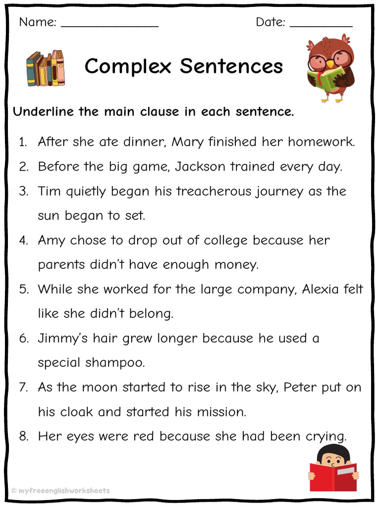 Complex Sentences Worksheet 2 Main Clause | PDF