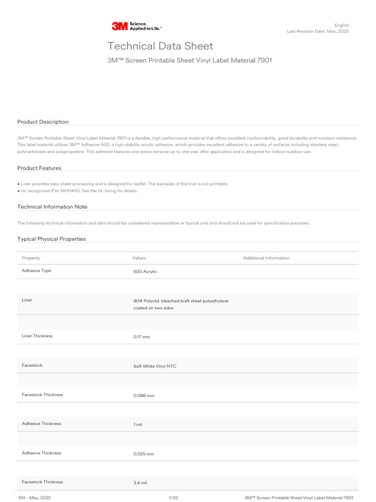 3M™ Screen Printable Sheet Vinyl Label Material 7901 - 20240906 | PDF