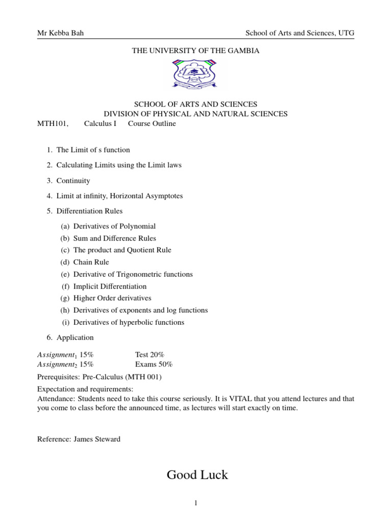 Calculus I - Course Outline | PDF