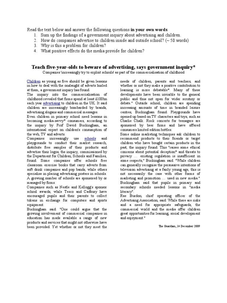 Reading Comprehension Advertising and Children | PDF | Advertising ...